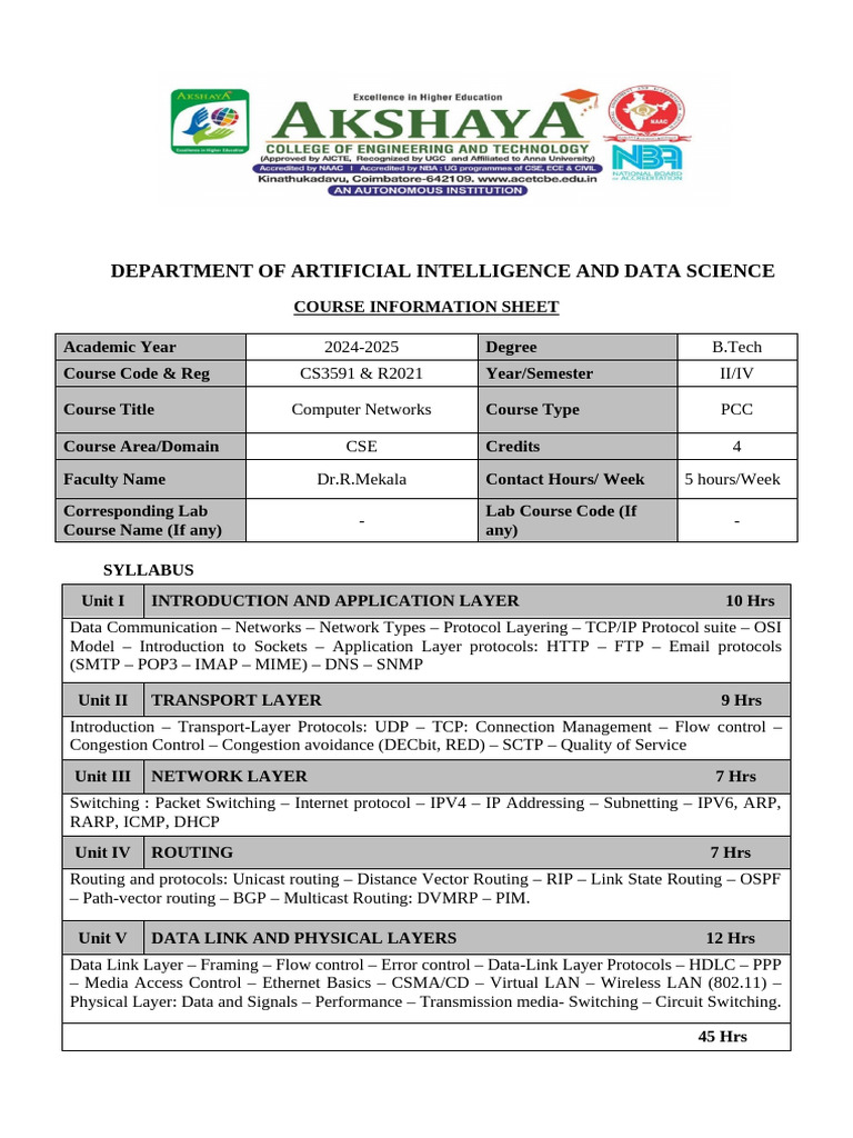 B.Tech Computer Networks Course | PDF | Computer Network | Internet Protocol Suite