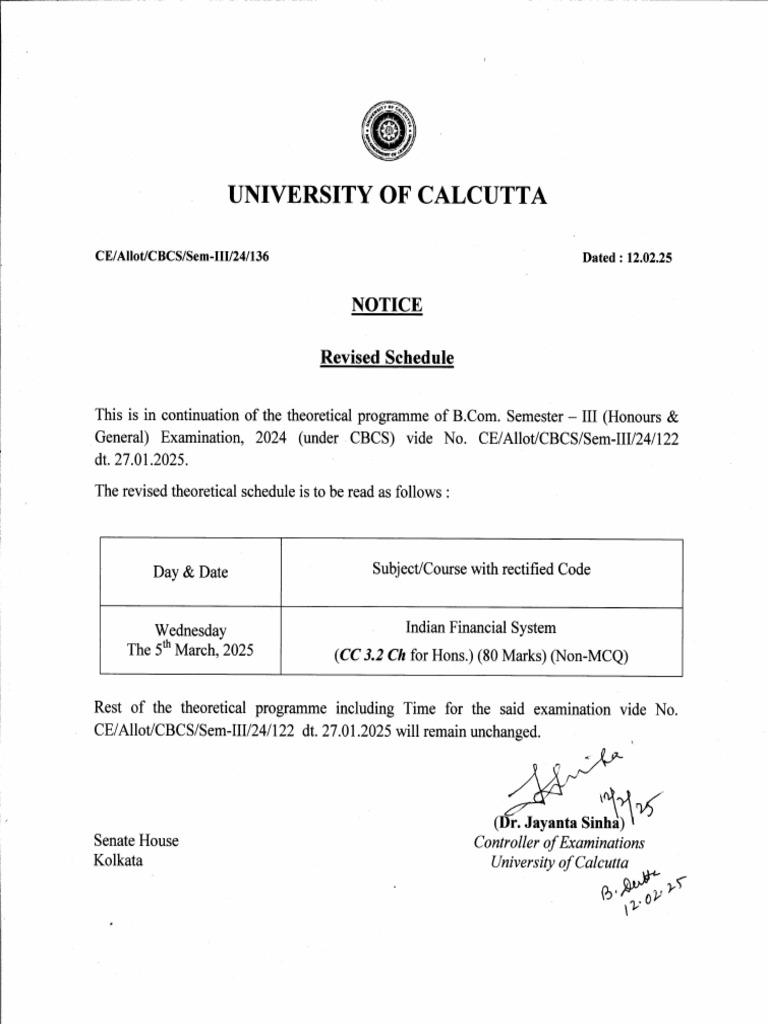 Revised Schedule Notice B.com. Sem III 2024 | PDF