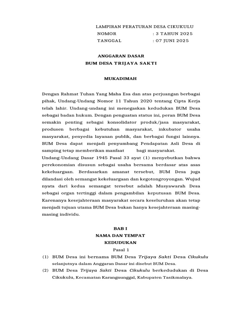 Cik_lampiran Perdes Pendirian Bum Desa (Anggaran Dasar)_ok | PDF