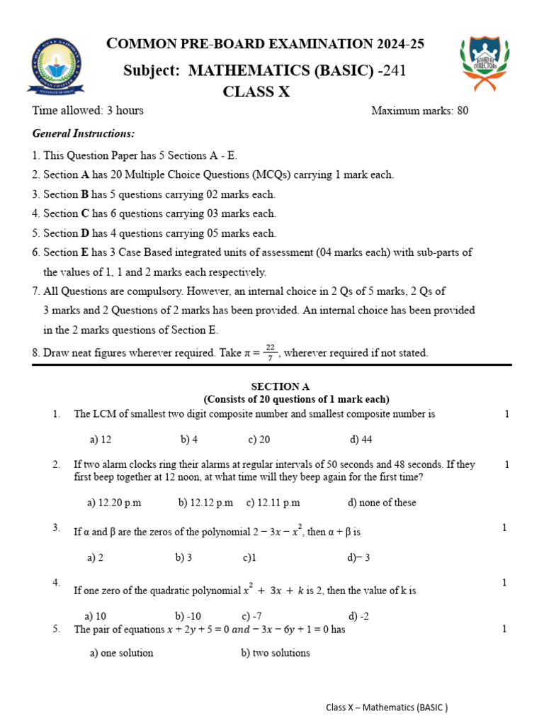 Class X Mathematics Exam Paper 2024-25 | PDF | Circle | Area