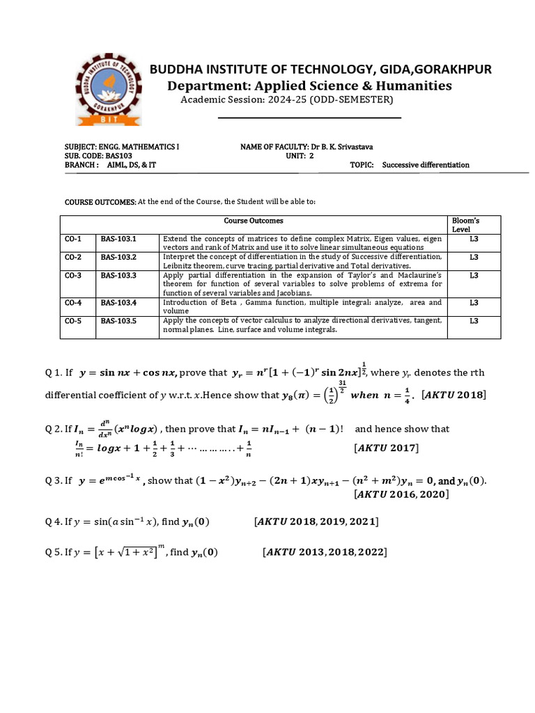 Engg. Mathematics-I Tute 3 & 4 | PDF | Derivative | Matrix (Mathematics)