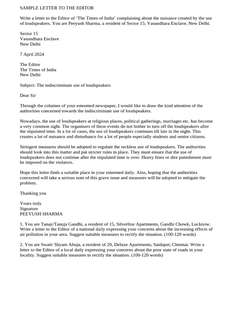 Sample Letter To The Editor | PDF