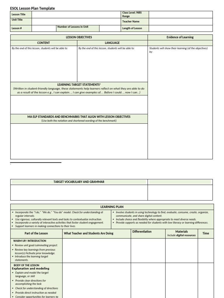 Esol Lesson Plan Template | PDF | Learning | Procedural Knowledge
