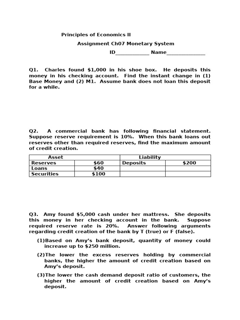 Princ Econ2 Assignment Ch07 Money NoAnswer 240411h | PDF | Money Creation | Banks