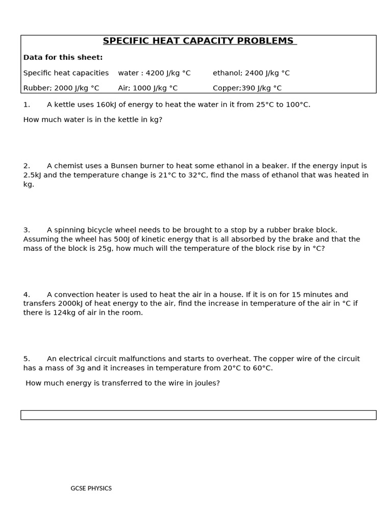 Specific Heat Capacity Practice Problems | PDF