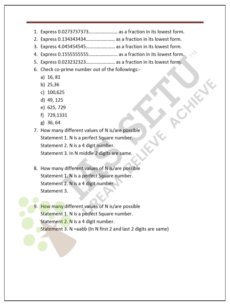 Class Test on Recurring Decimals & Squares | PDF