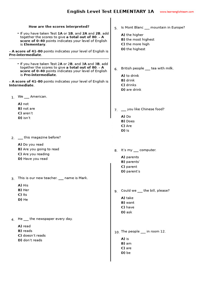 Elementary Test Grammar | PDF