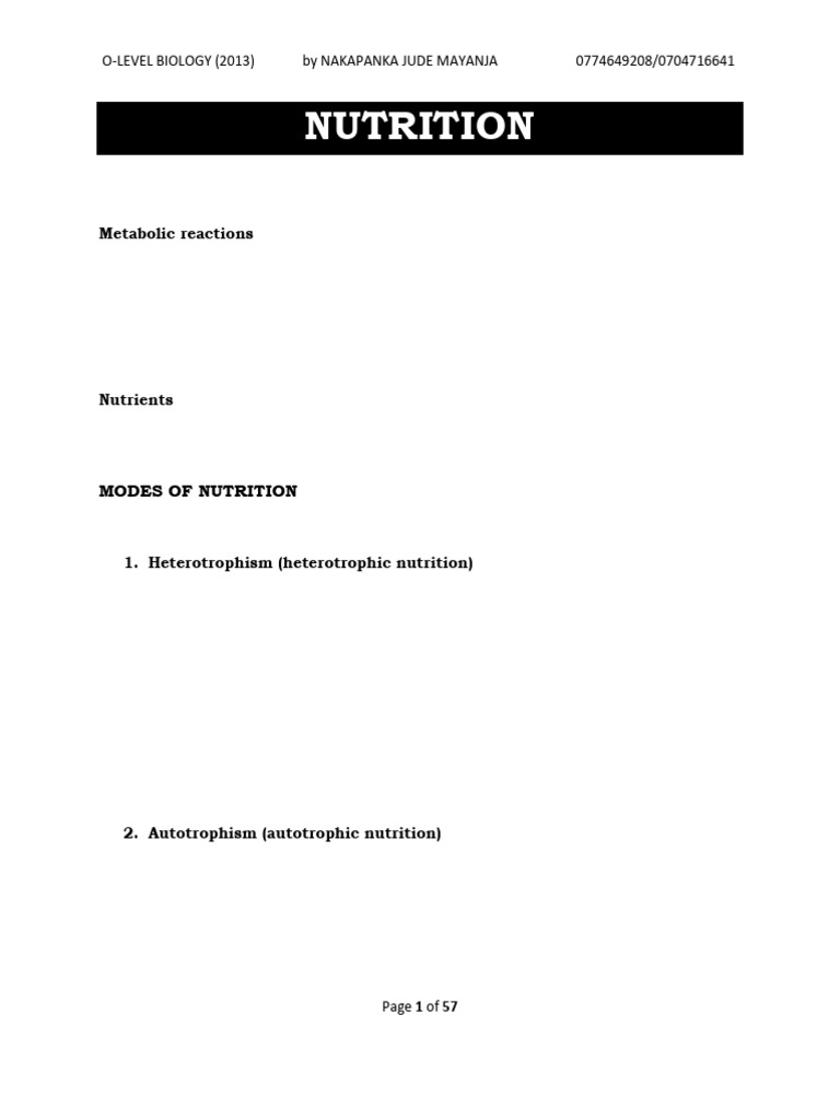 Biology Notes On Nutrition o Level - 1 | PDF | Carbohydrates | Nutrition