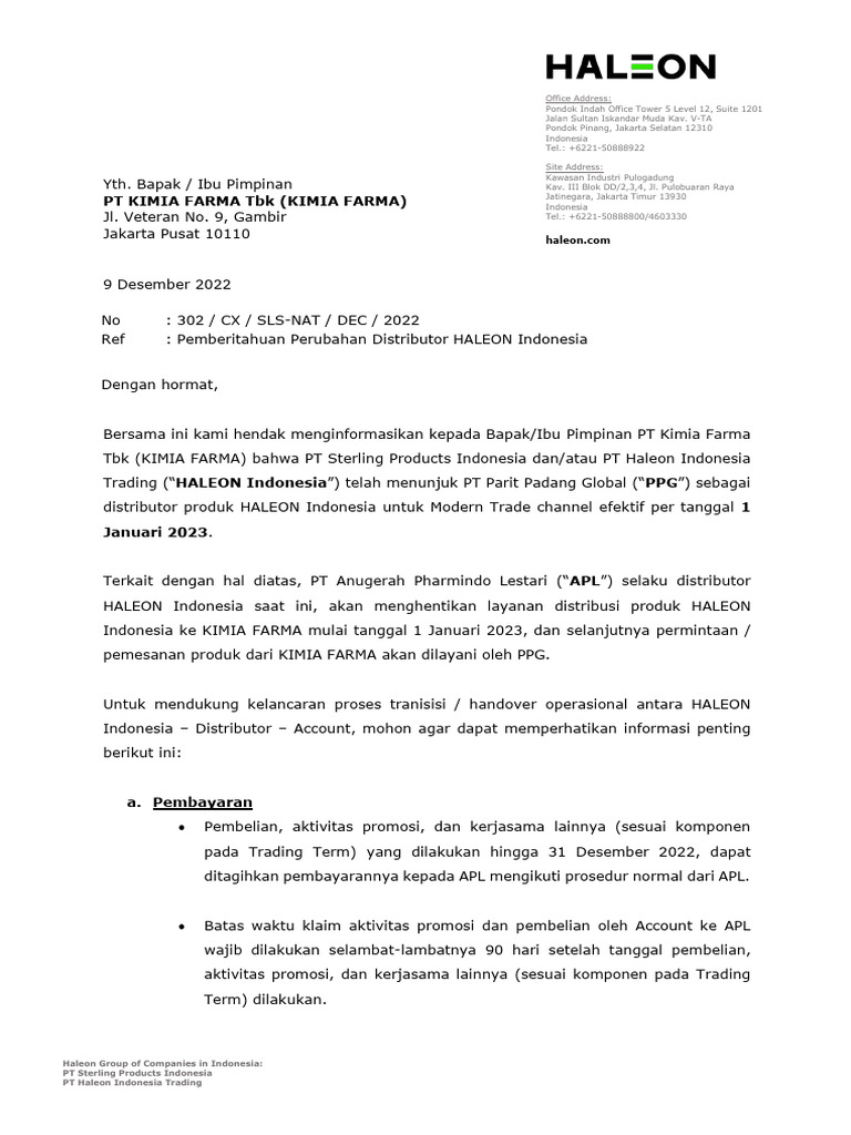 Surat Informasi Perpindahan Vendor Produk PT. Steriling Products ...