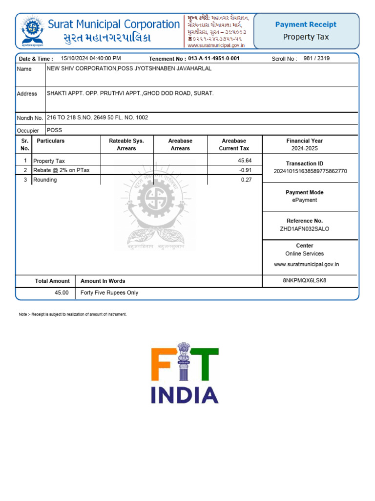 Surat Property Tax Receipt 2024-2025 | PDF