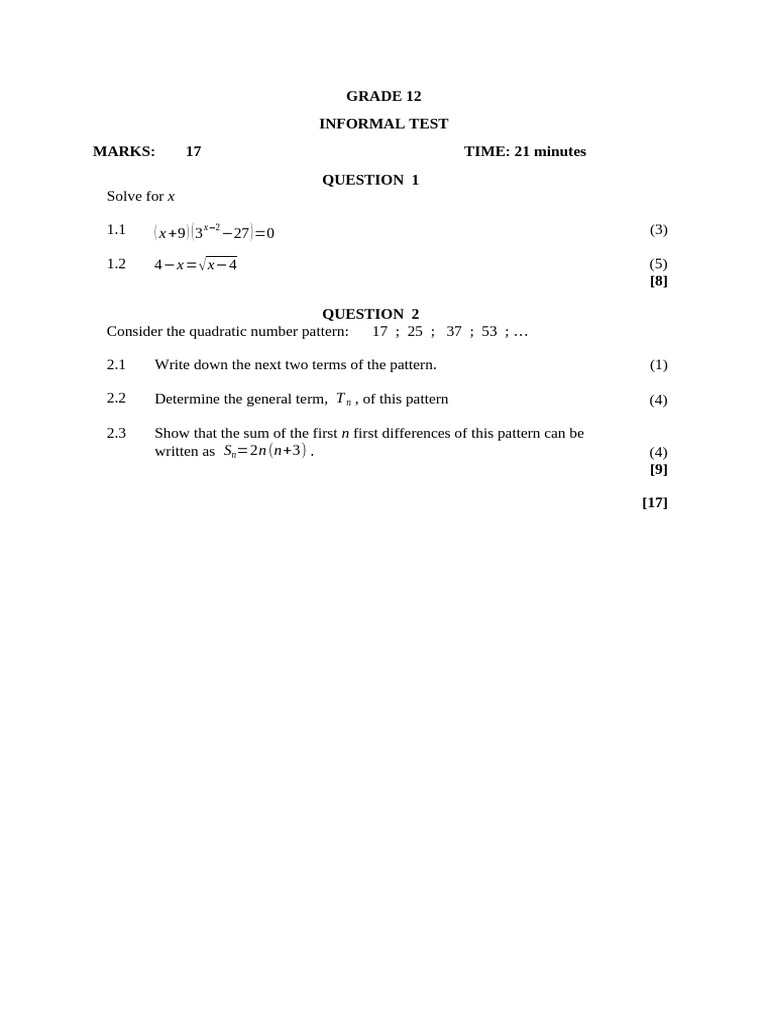 Informal test Grade 12 Term 1 ( Number Patterns) | PDF | Algebra ...