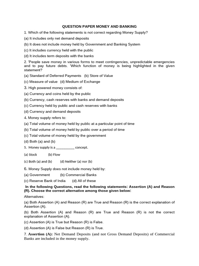 Money Supply and Banking Concepts Exam | PDF | Money | Banks
