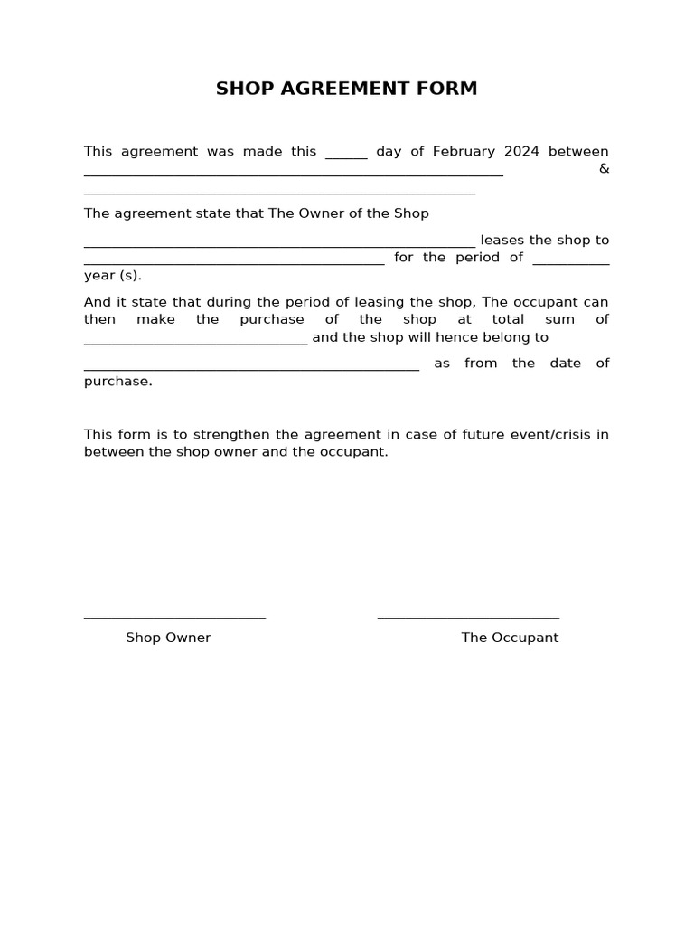 Shop Agreement Form | PDF