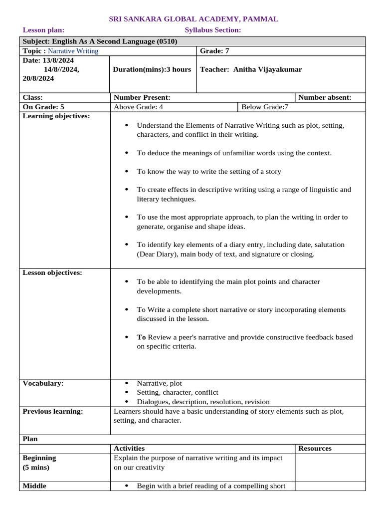 Grade 7 Narrative Writing Lesson Plan | PDF | Narrative | Lesson Plan