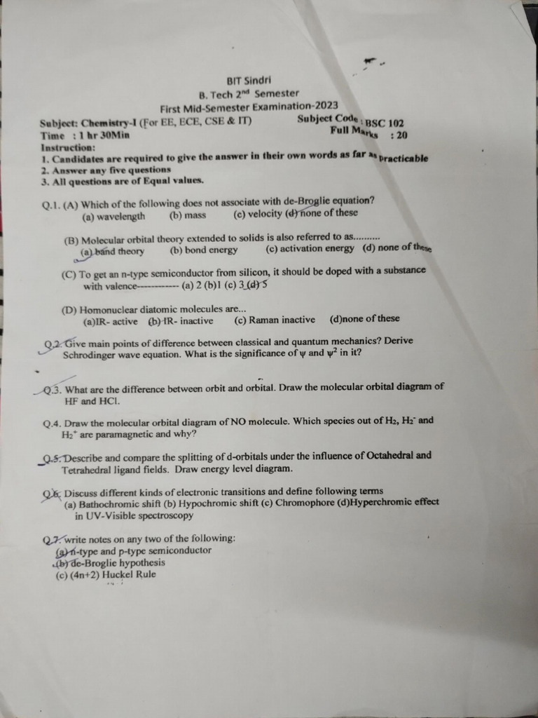 BIT Sindri B.Tech Chemistry Exam 2023 | PDF | Molecules | Molecular Orbital