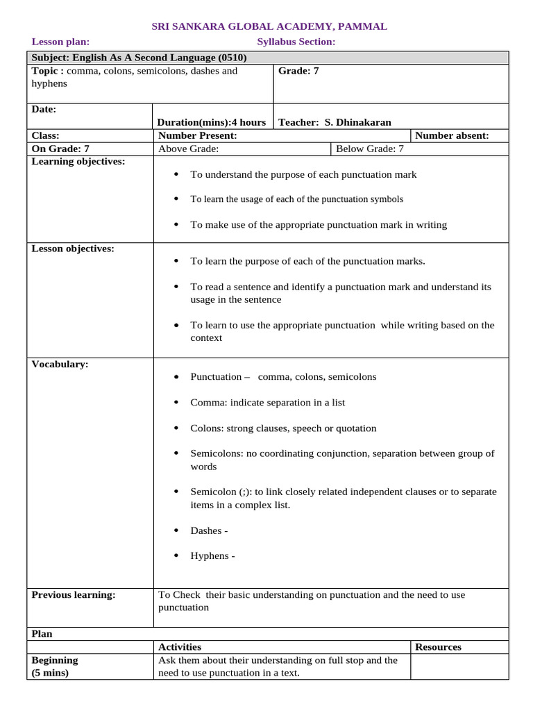 Lesson Plan Grade 7 Punctuation | PDF | Punctuation | Comma
