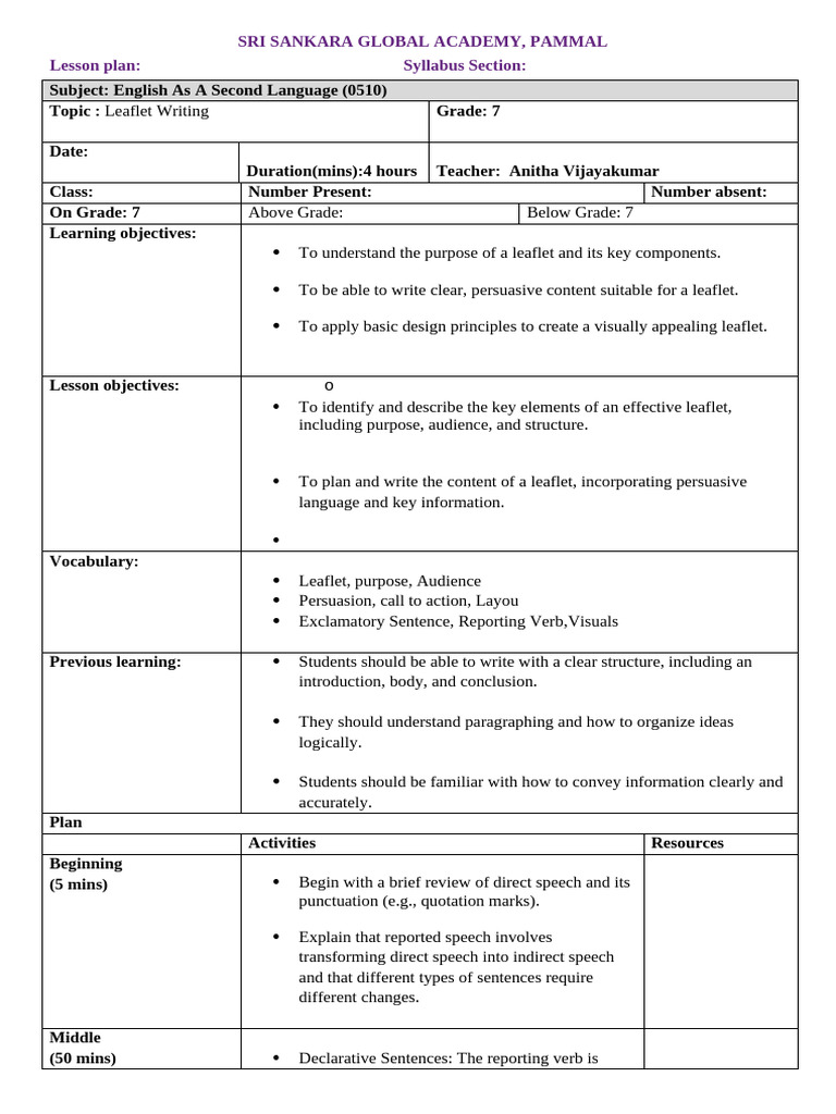 Lesson Plan Grade 7 Leaflet Writing | PDF | Verb | English Language