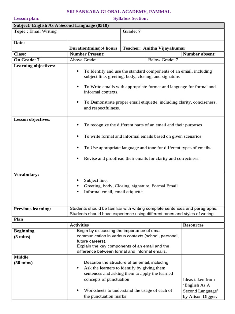 Lesson Plan Grade 7 Formal and Informal Letter Writing | PDF | Lesson ...