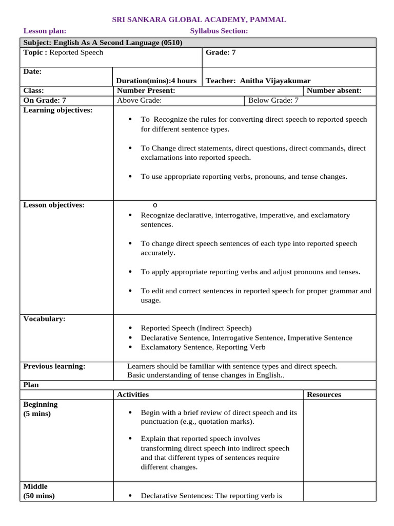 Grade 7 Reported Speech Lesson Plan | PDF | Sentence (Linguistics ...