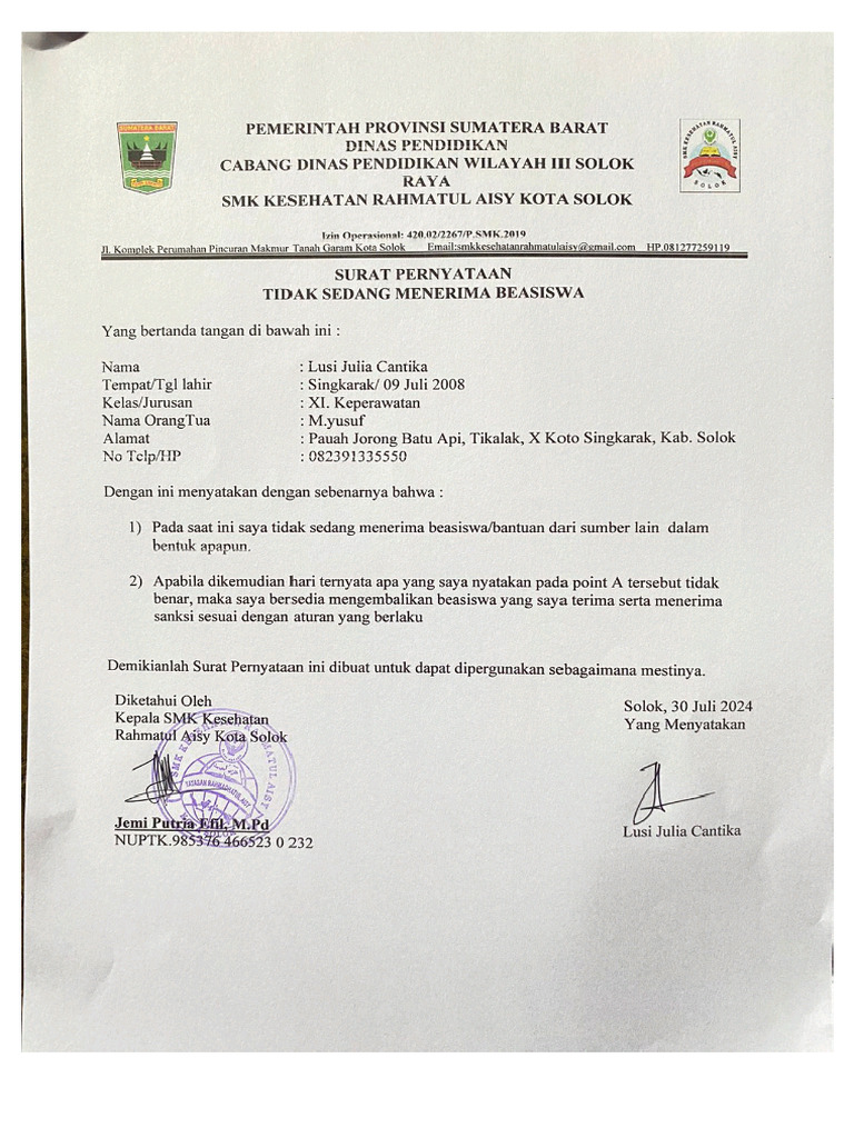 Surat Pernyataan Tidak Menerima Beasiswa | PDF
