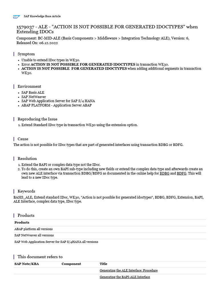 Ale - "Action Is Not Possible For Generated Idoctypes" When Extending Idocs | PDF
