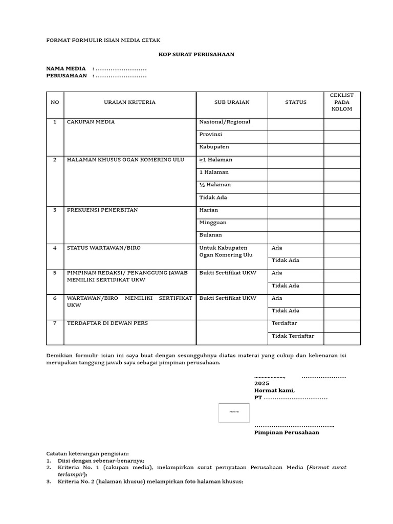 FORMAT FORMULIR ISIAN MEDIA CETAK.docx | PDF