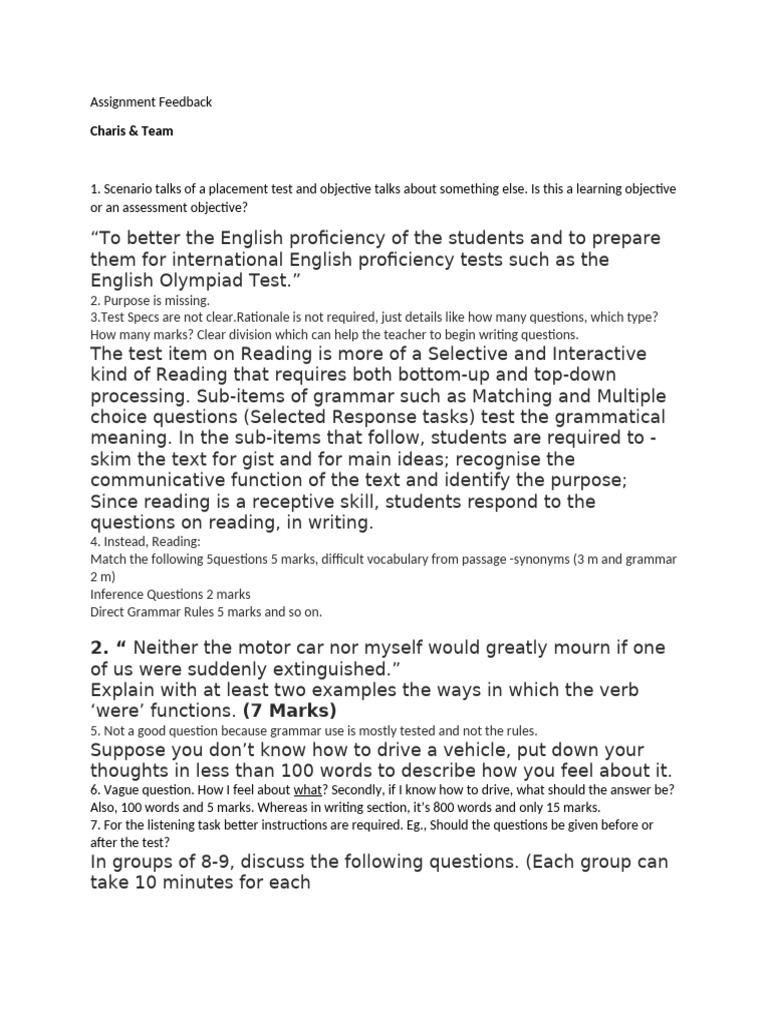 Assignment Feedback on English Proficiency Test | PDF | English ...