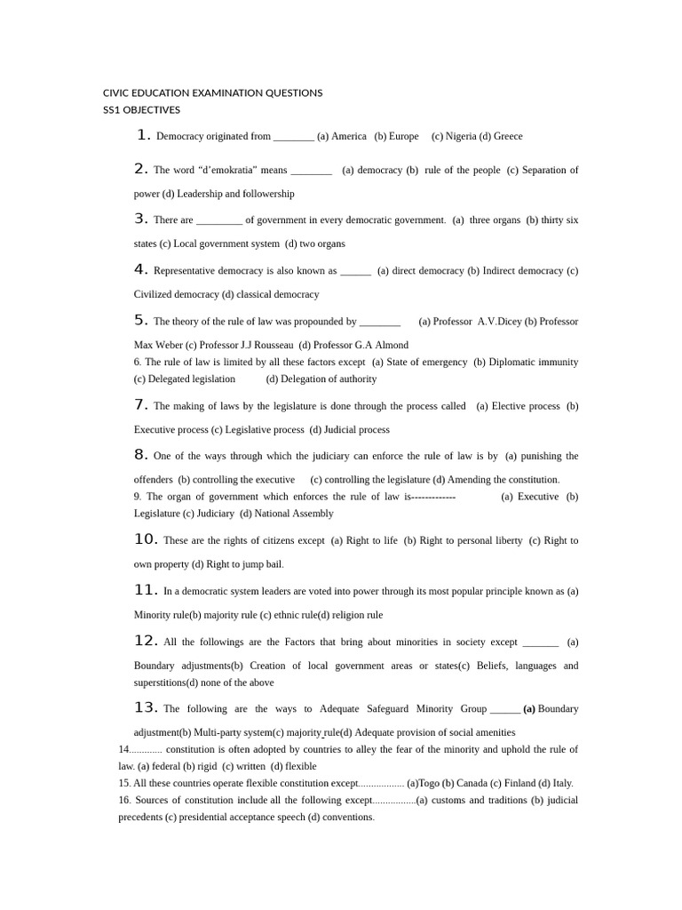 Ss1 Civic Questions | PDF | Constitution | Rule Of Law