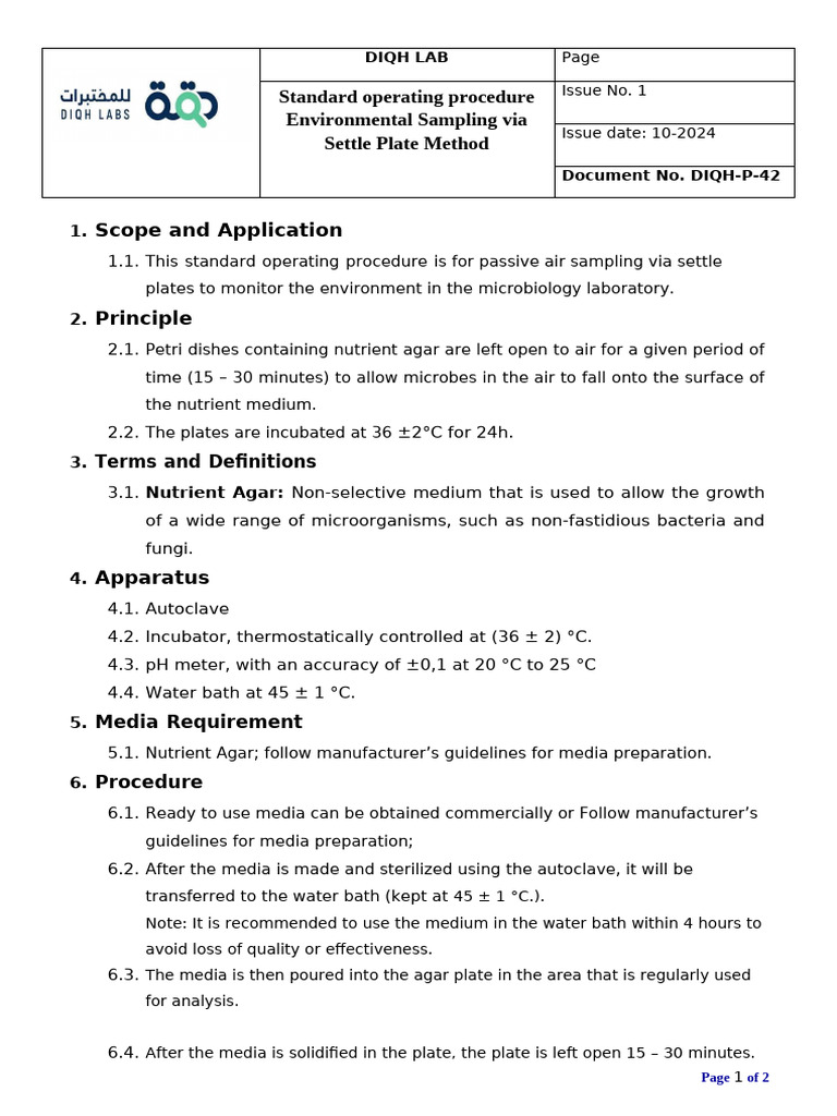 SOP for Air Sampling via Settle Plates | PDF | Growth Medium | Agar