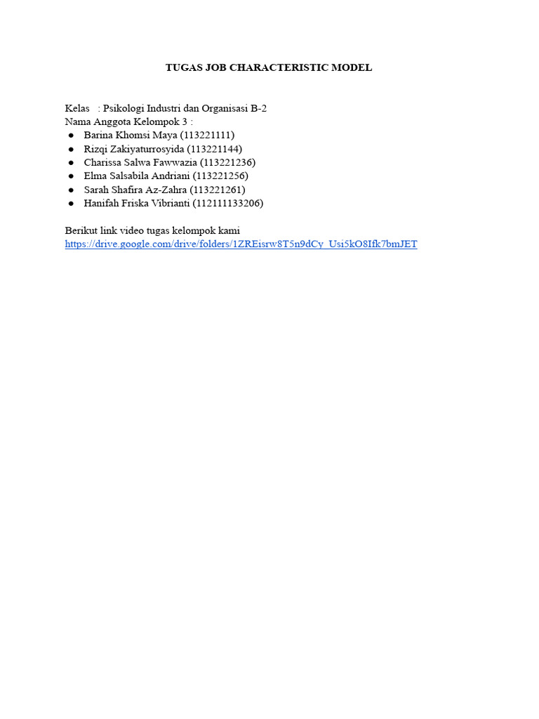 Tugas Job Characteristic Model_Kelompok 3_PIO B-2 | PDF