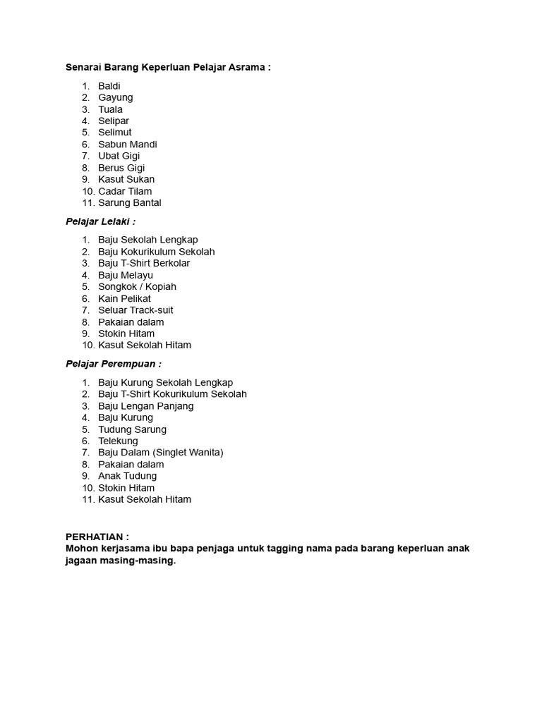 Senarai Barang Keperluan Pelajar Asrama | PDF