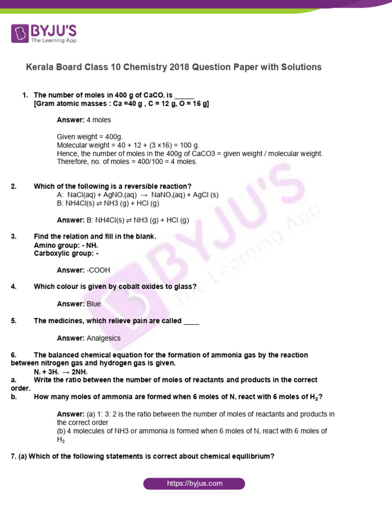 Kerala Class 10 Chemistry 2018 Paper | PDF | Chemical Equilibrium ...