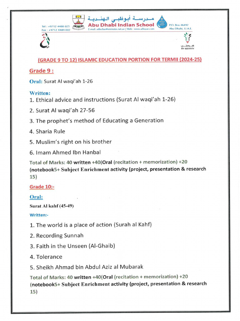 Term 2 - Islamic Education Portion - Grade 9-12 | PDF