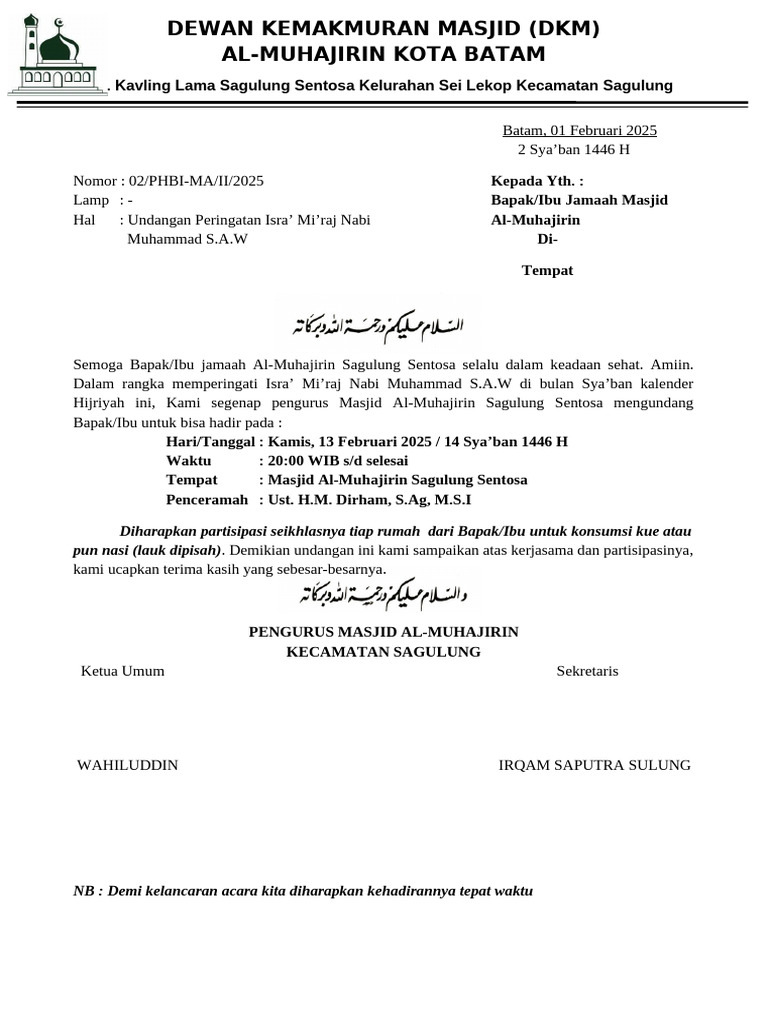 NO. 02 UNDANGAN PHBI ISRA MIJRAJ NABI SAW 1446 H-Masjid Al-Muhajirin | PDF