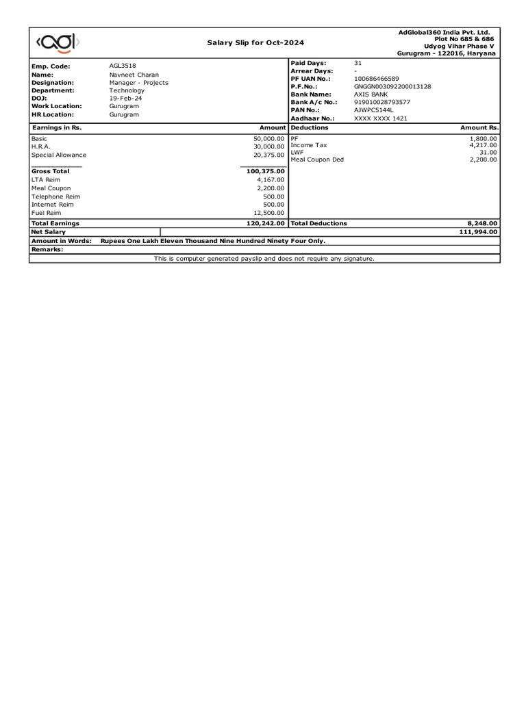 Payslip AGL 102024 AGL3518 | PDF | Public Finance | Taxation