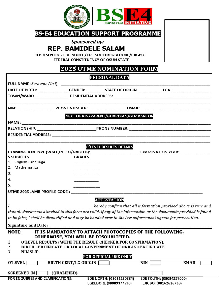 2025 UTME Nomination Form-1 | PDF