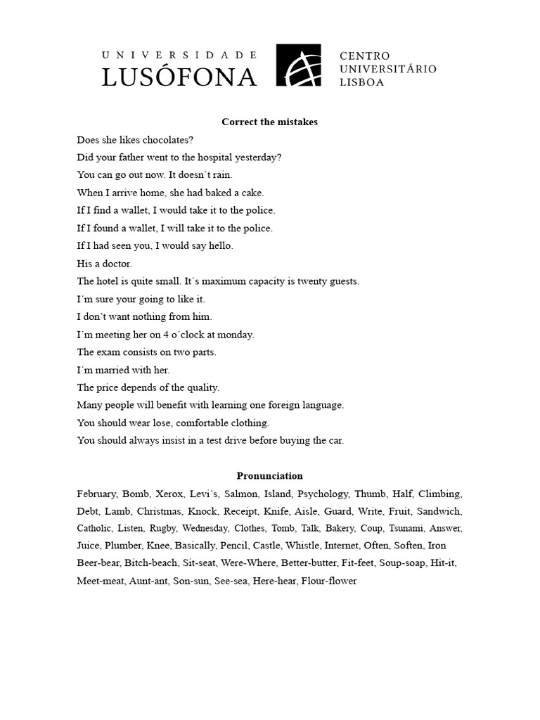Ficha nº 3 - Common mistakes - Professor Pedro Gustavo da Costa Duarte ... Ficha nº 3 - Common mistakes - Professor Pedro Gustavo da Costa Duarte ...