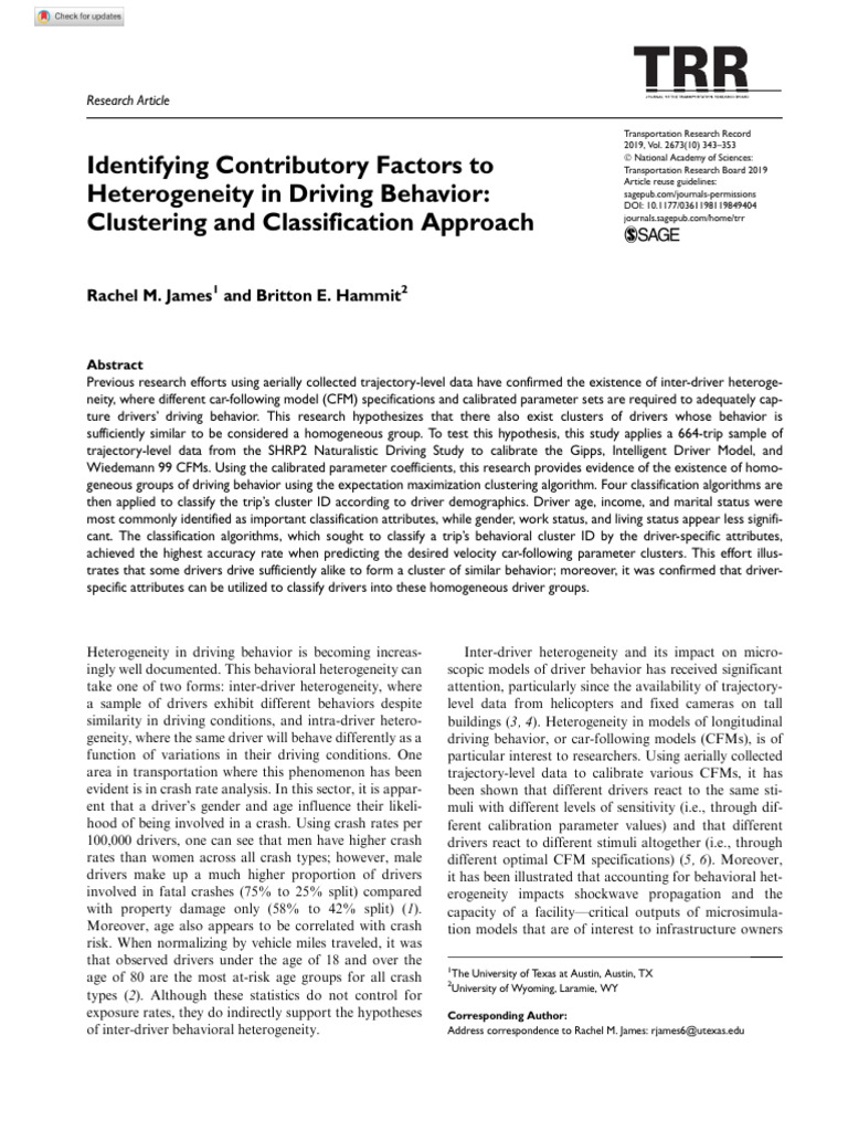James Hammit 2019 Identifying Contributory Factors To Heterogeneity in Driving Behavior ...