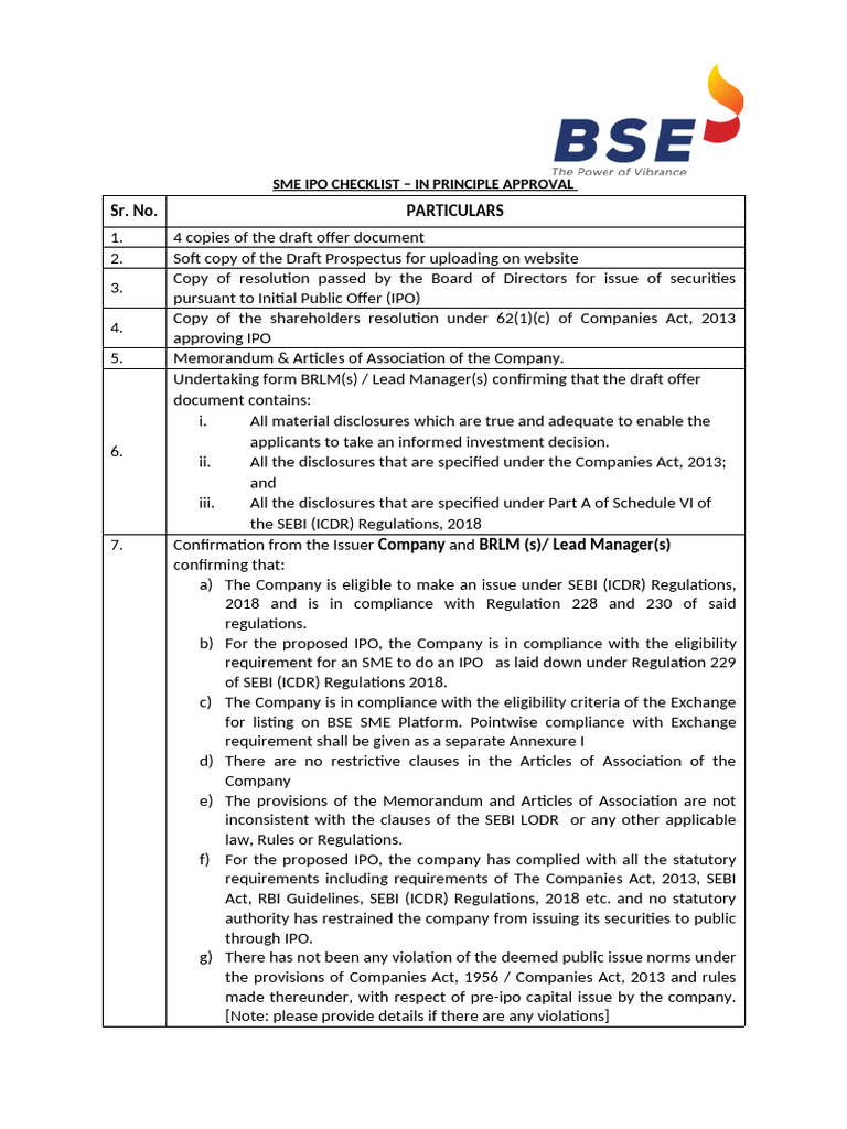 SME IPO In-Principle Approval Checklist | PDF | Securities (Finance ...