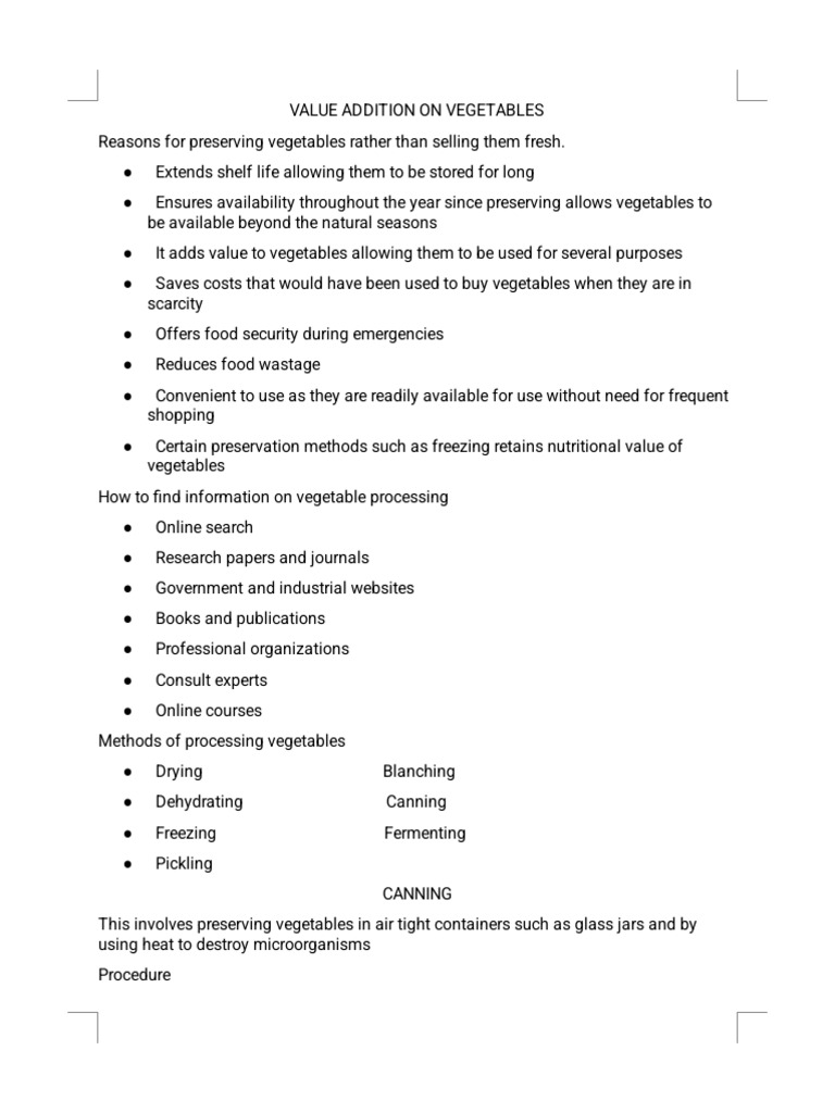 Vegetable Preservation and Value Addition | PDF | Vegetables | Food ...