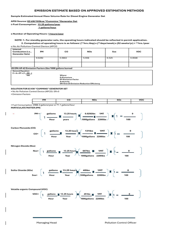 Emission Estimate Based On Approved Estimation Methods | PDF | Exhaust ...