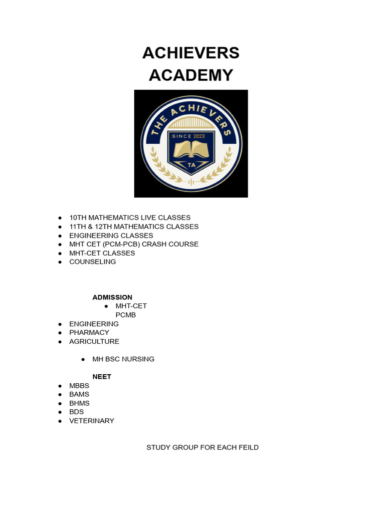 Achievers Academy Course Offerings | PDF