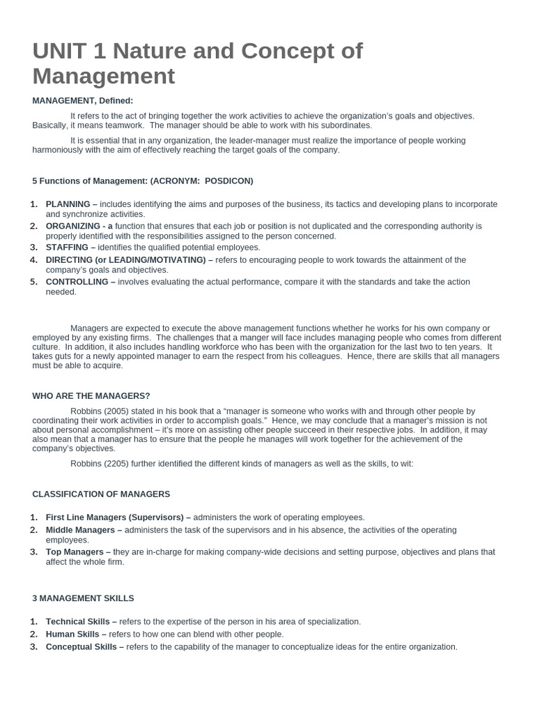 UNIT 1 Nature and Concept of Management | PDF | Marketing | Swot Analysis