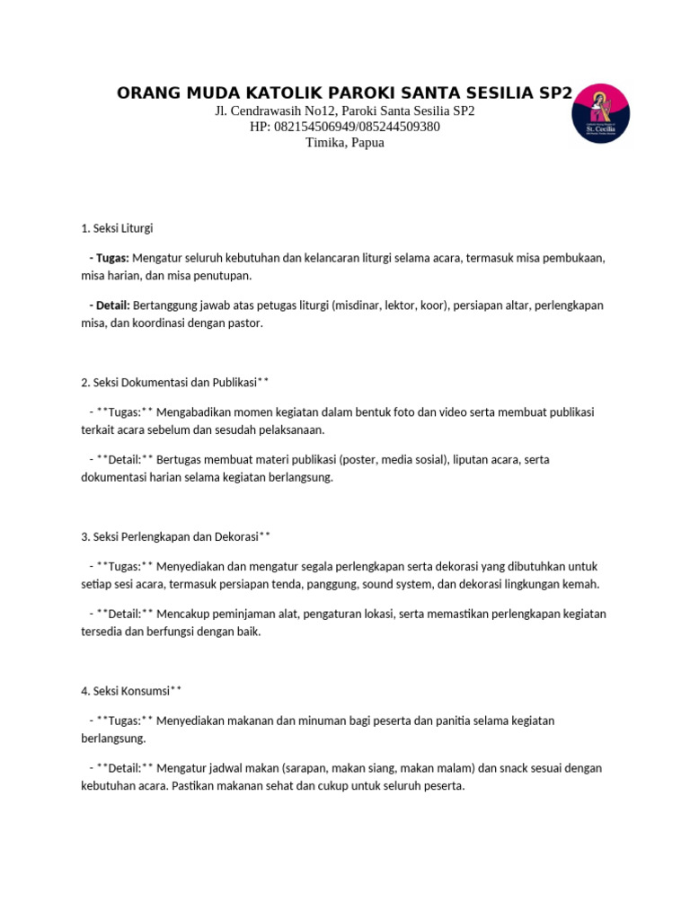 Job Description Seksi-Seksi Dalam Rangka Kemah Rohani OMK St. Sesilia SP2 | PDF