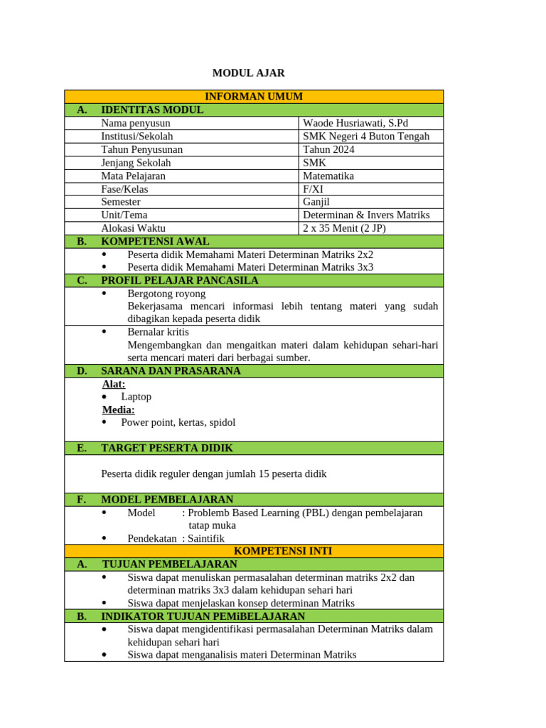 Modul Ajar Matematika: Determinan Matriks | PDF