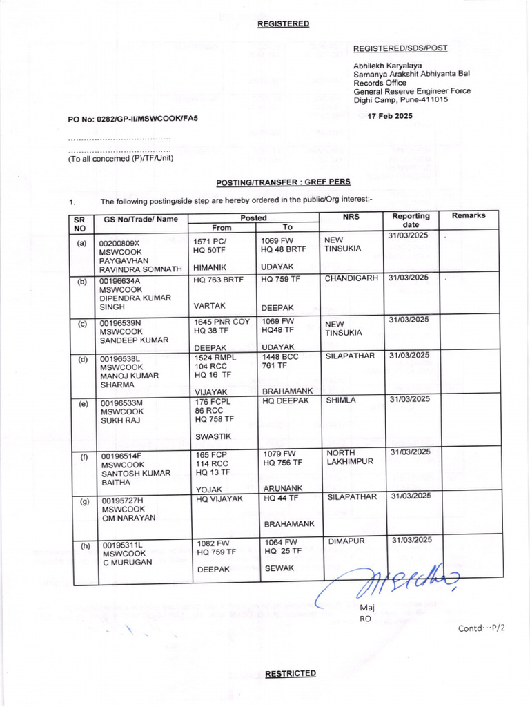 GREF Posting Order for MSWCOOKs 2025 | PDF