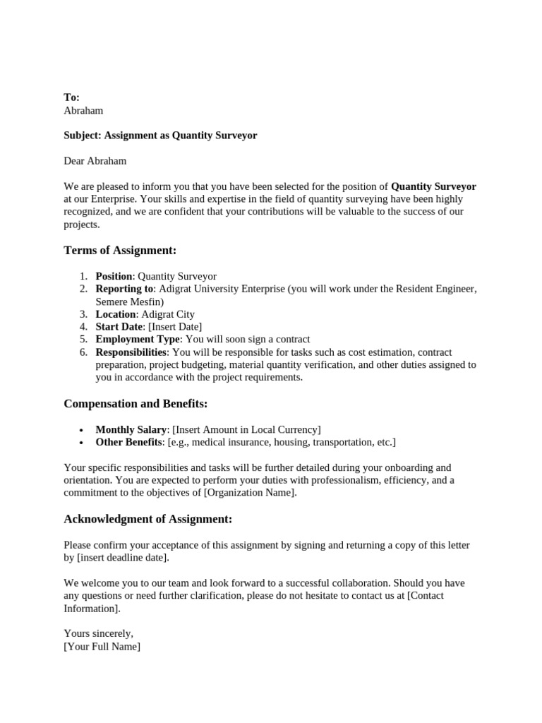 Letter of Assignment For Quantity Surveyor | PDF