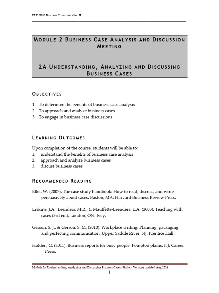M2a Understanding, Analyzing and Discussing Business Cases (Student Version) (Updated Aug 2024 ...