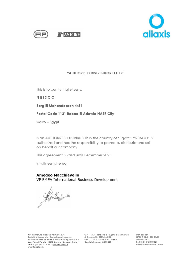 Authorised Distributor Letter Neisco 2021 Signed | PDF