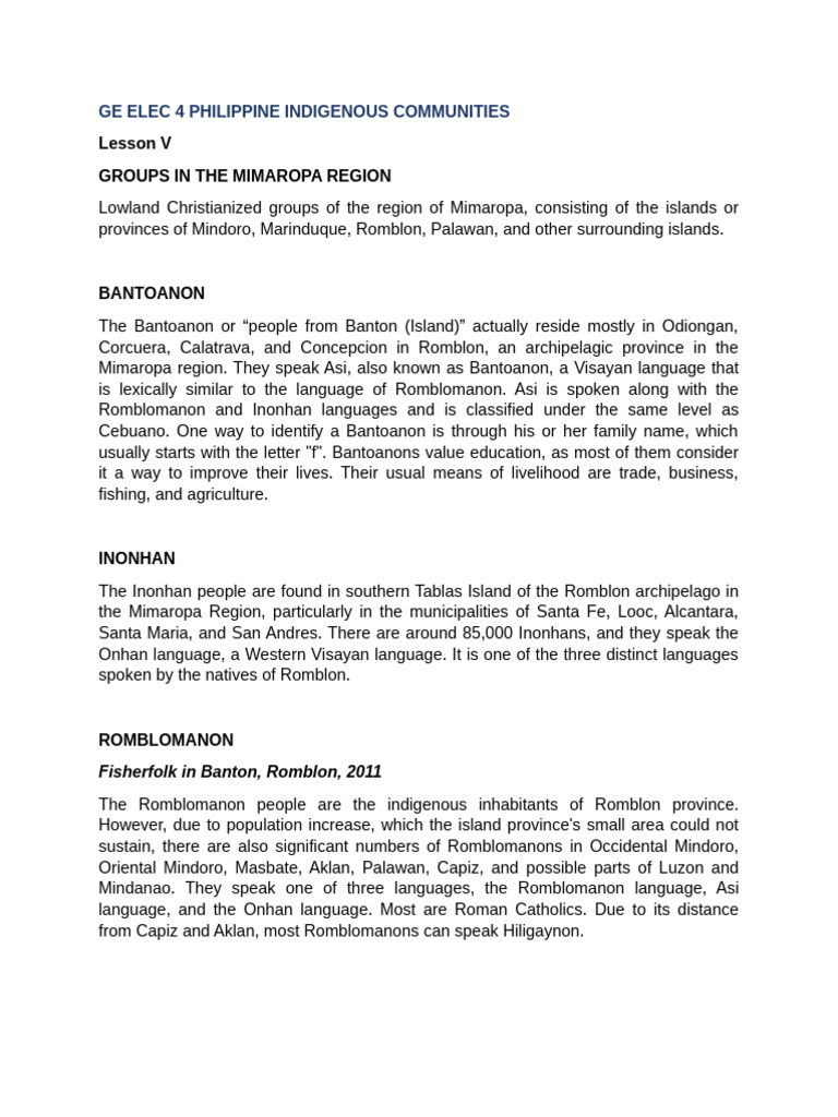 Lesson V GROUPS IN THE MIMAROPA REGION | PDF | Mindanao | Languages Of Asia